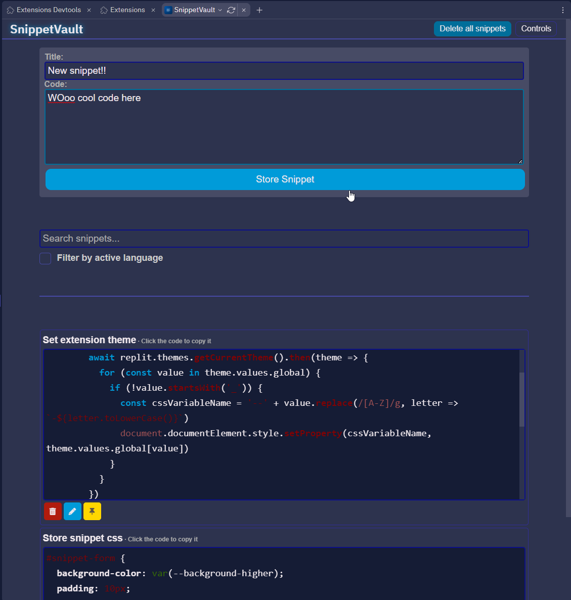 SnippetVault - Store Snippets | Extensions - Replit